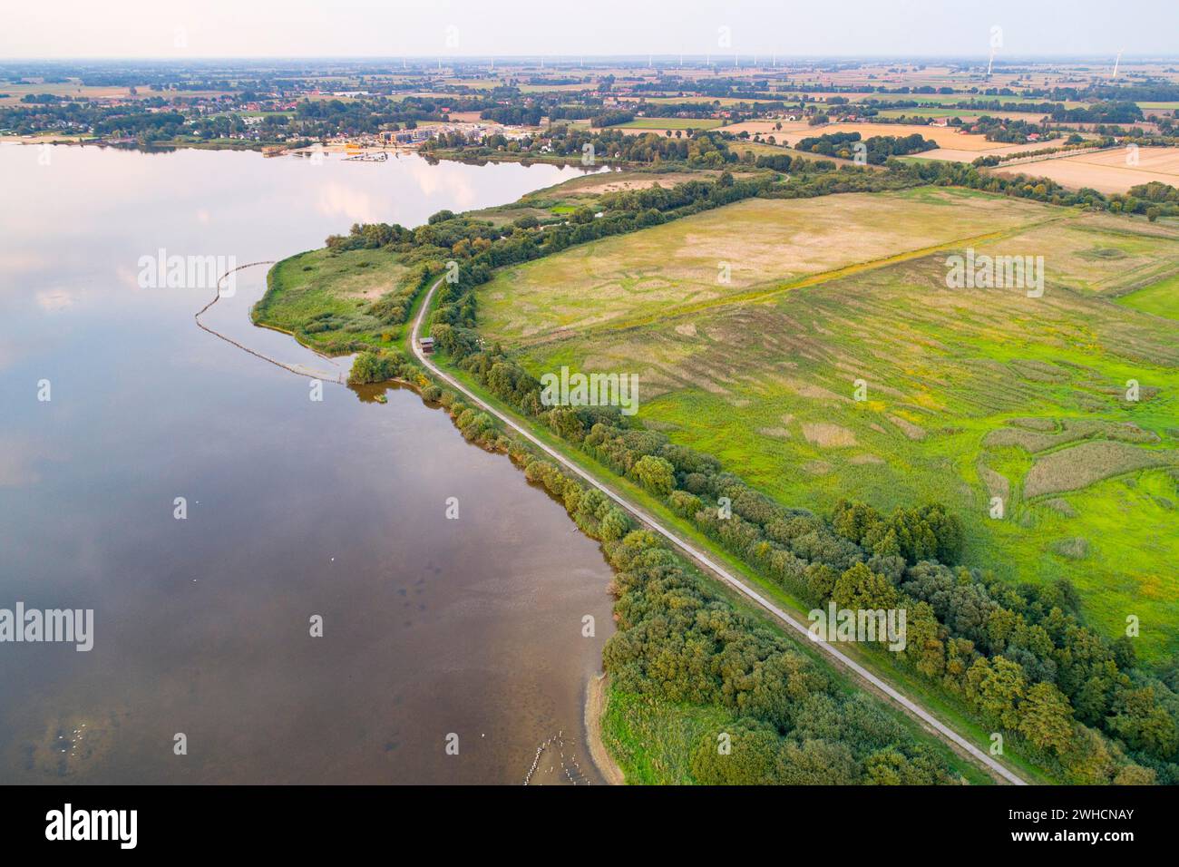 Aerial view of Lake Duemmer, nature reserve, reeds, shore, Huede, Lower ...