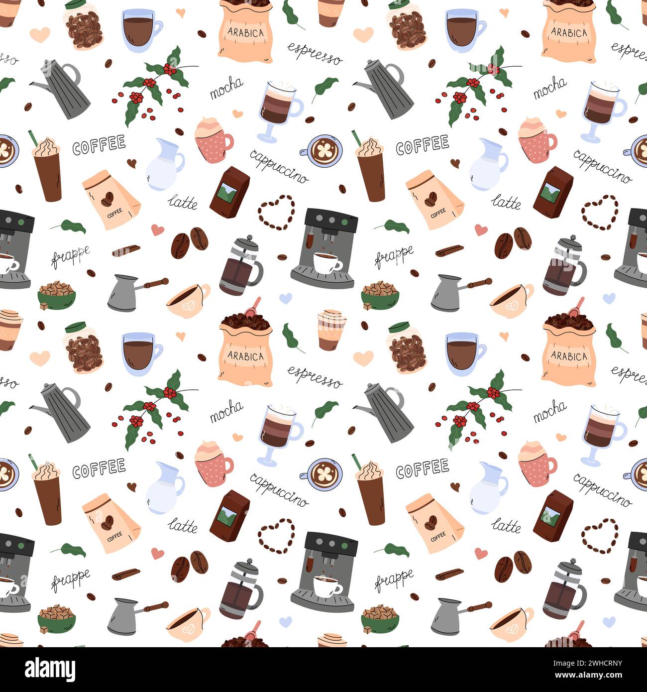 Coffee doodles seamless pattern vector. Cute background with coffee ...