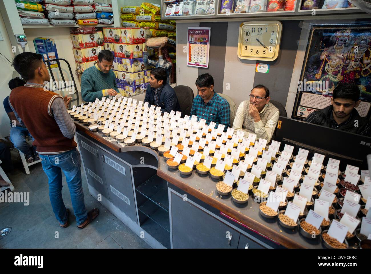 Samples of pulses kept on display inside a shop at a wholesale market ...