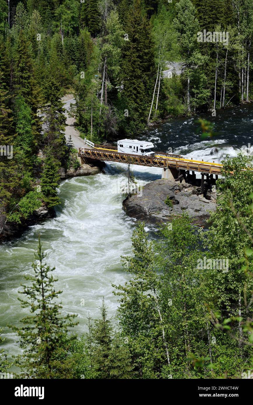 Motorhome on bridge over the Murtle River, Mushbowl, Wells Gray ...