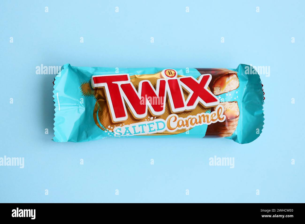 TERNOPIL, UKRAINE - JULY 7, 2023 Twix salted caramel blue wrapper on ...