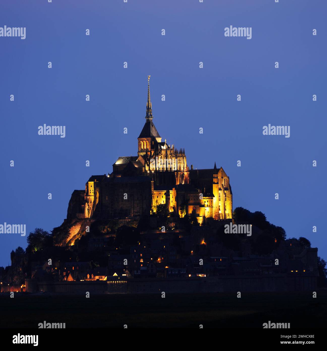 Mont-Saint-Michel by night, Benedictine monastery, Manche department ...
