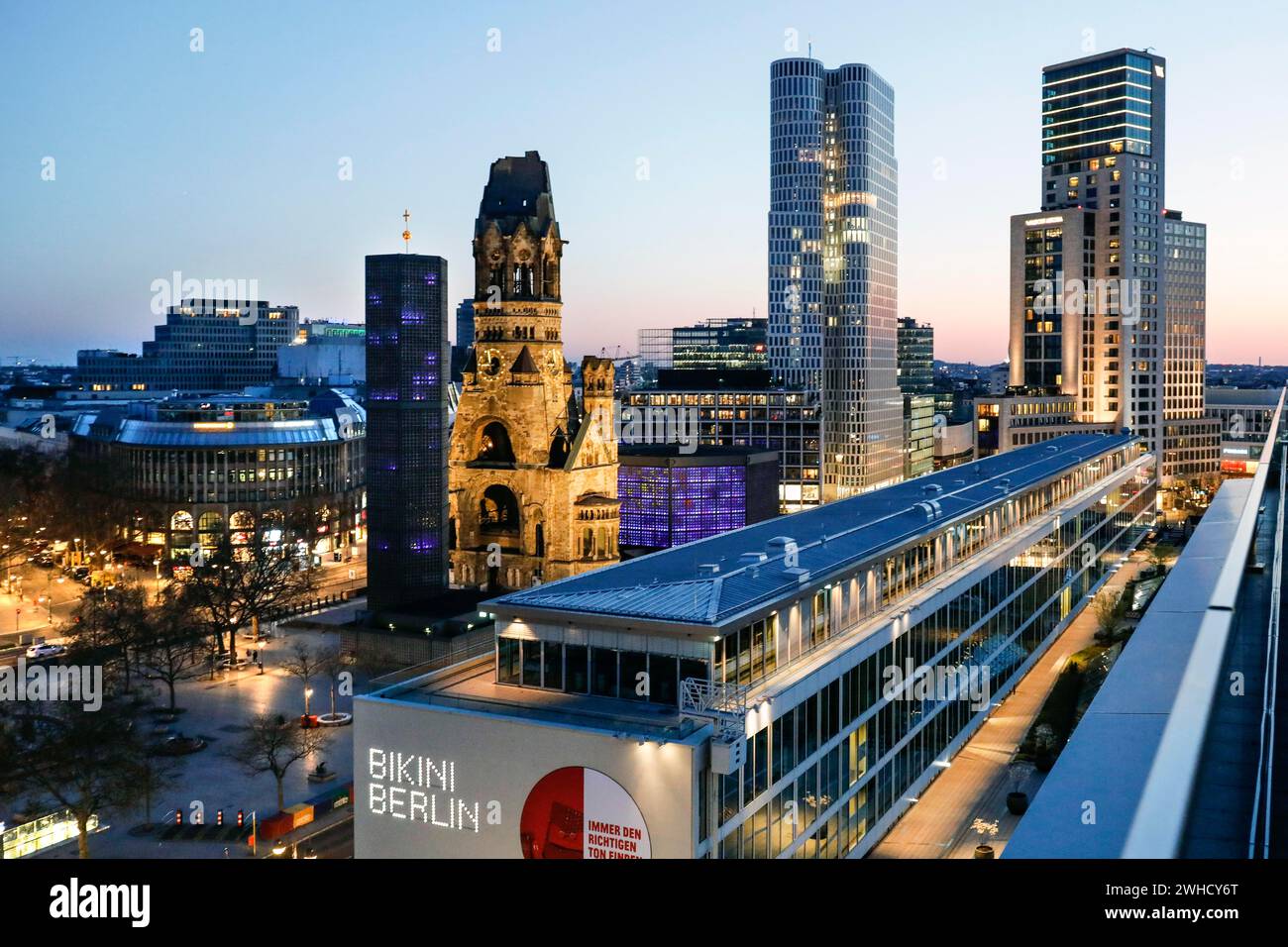 View of Breitscheidplatz in the evening with the Bikini building, the ...