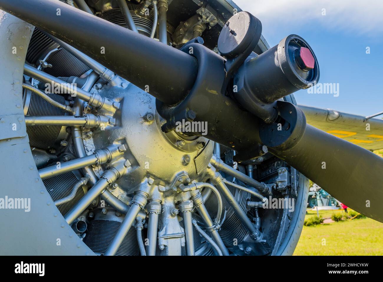 Closeup of propeller and radial engine of antique airplane on display ...