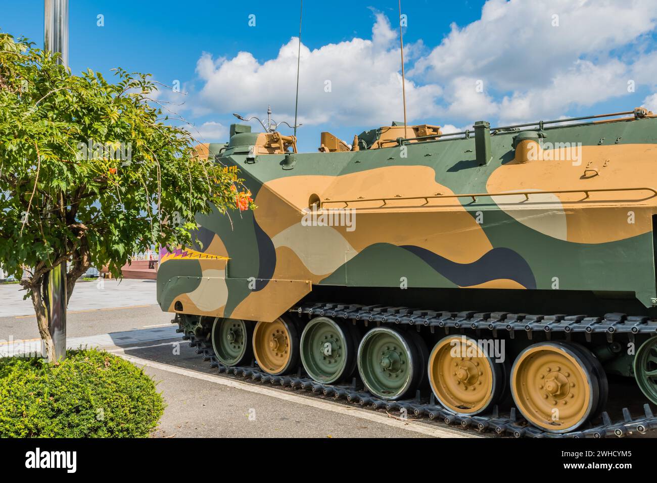 Side view of LVTP-7 amphibious assault vehicle on display at seaside ...