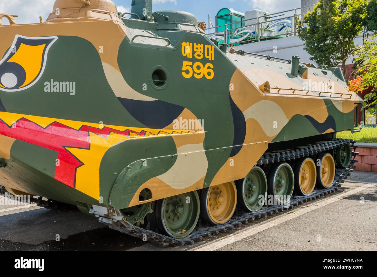 Side view of LVTP-7 amphibious assault vehicle on display at seaside ...