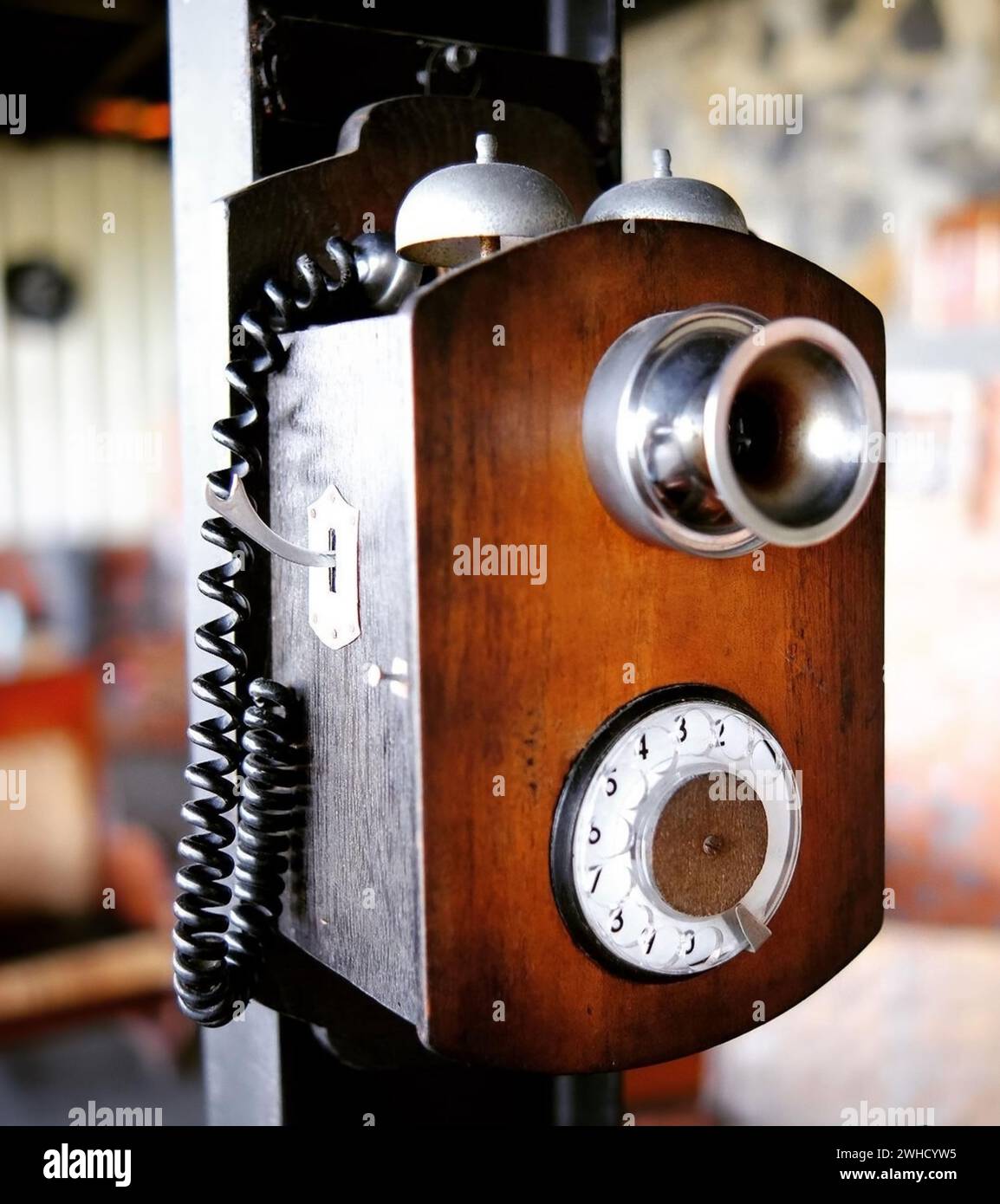 ancient wooden telephone Stock Photo - Alamy