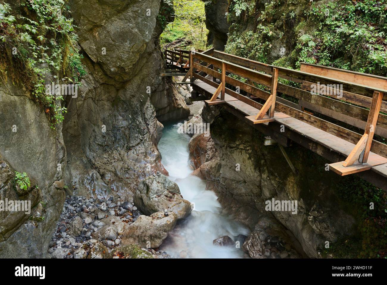 Weißbach and wooden footbridge in the Seisenbergklamm gorge, Weißbach ...