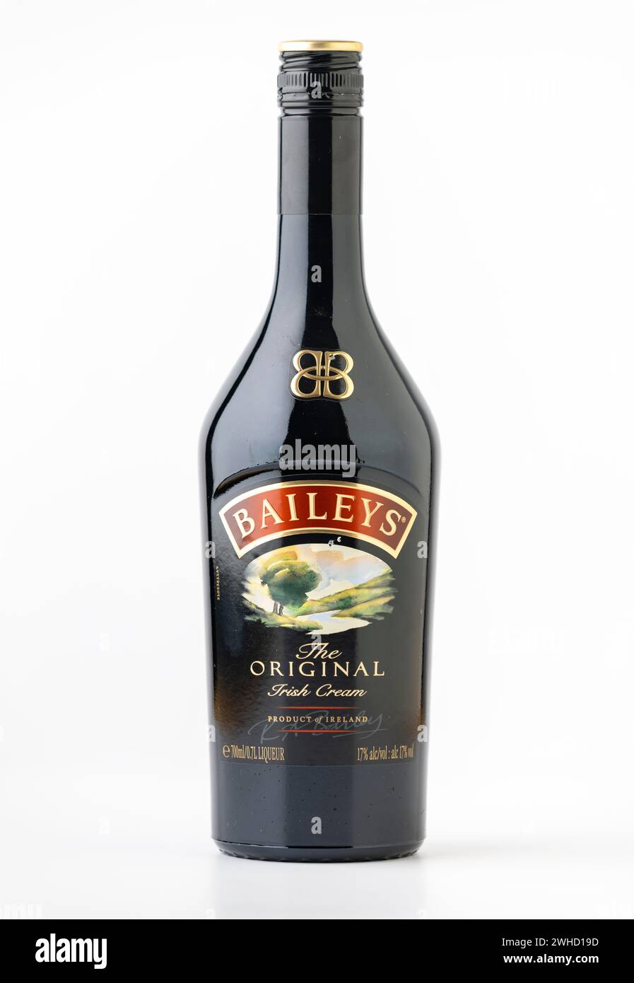 A closed bottle of Baileys Original Irish Cream against a white ...