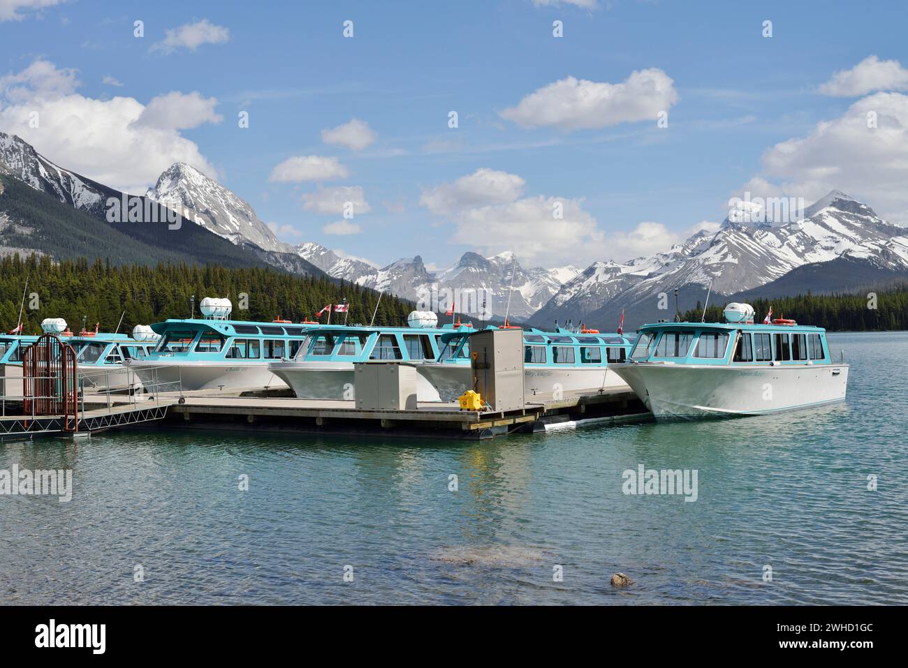 Excursion boats at the jetty, Maligne Lake, Jasper National Park ...
