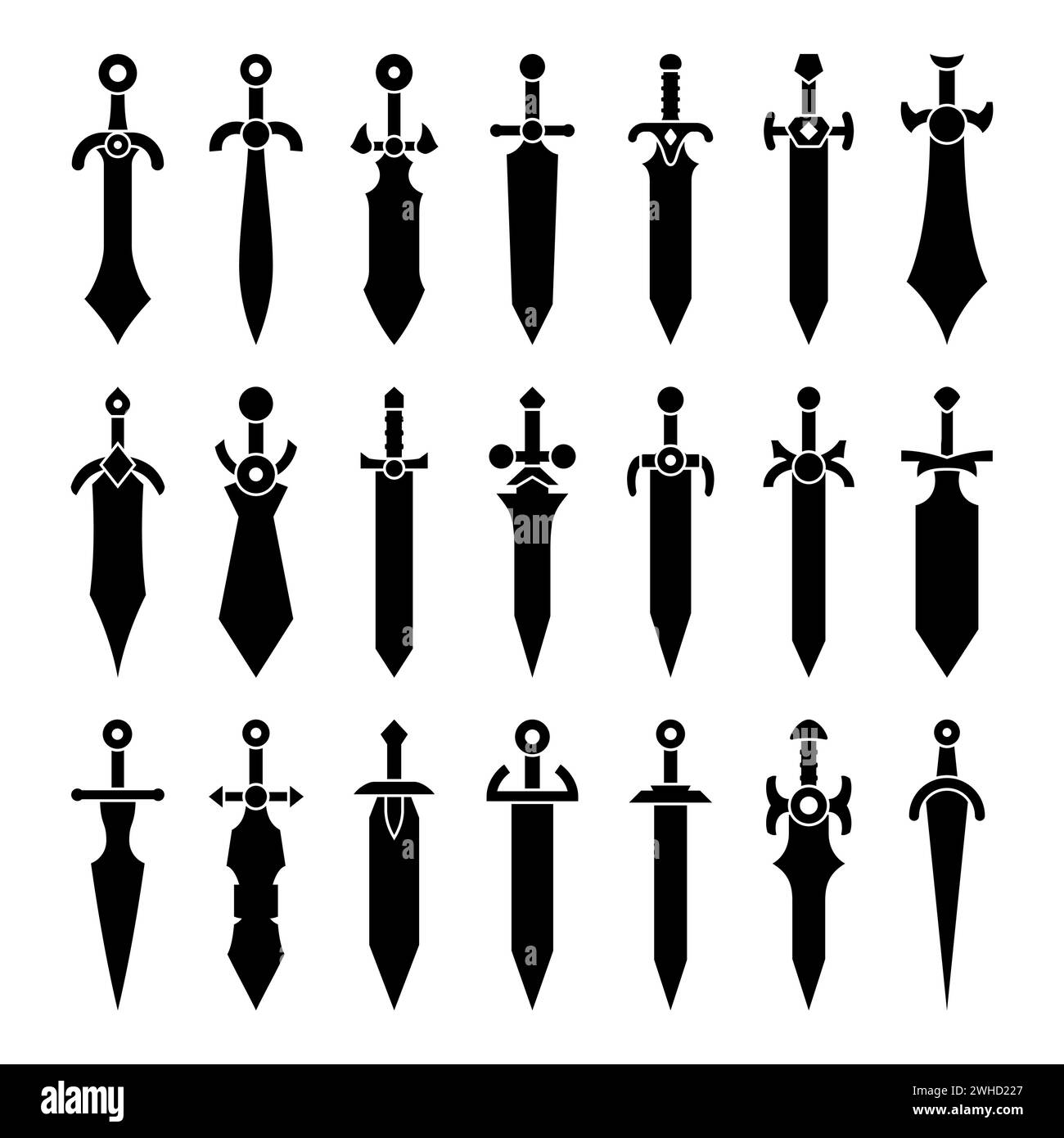 Cartoon black swords set icons. Knives daggers sharp blades. Fantasy game weapon icon ...