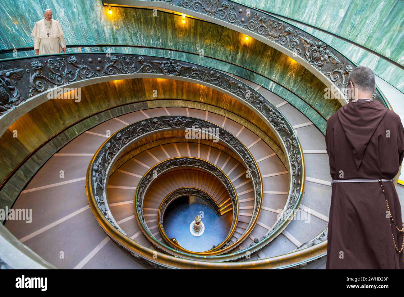 Spiral staircase Vatican with Pope Francis and monk Rome Italy people ...