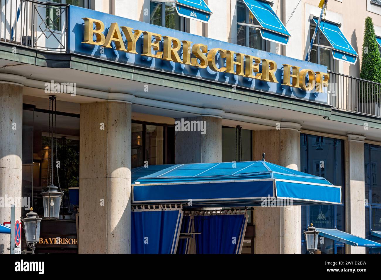 Hotel Bayerischer Hof, entrance with gold lettering and canopy, luxury ...
