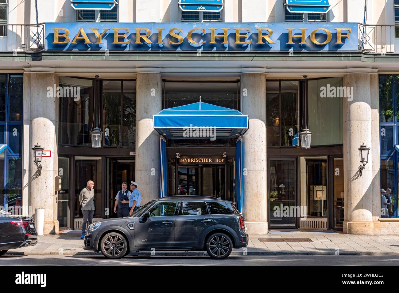 Hotel Bayerischer Hof, entrance with gold lettering and canopy, luxury ...