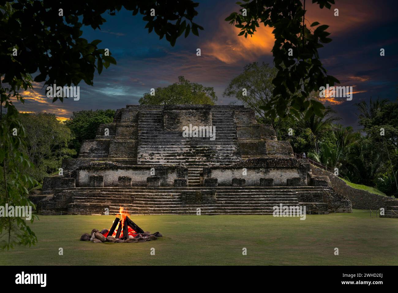 Campfire in front of pyramid Altun Belize Central America Fire Via KI ...