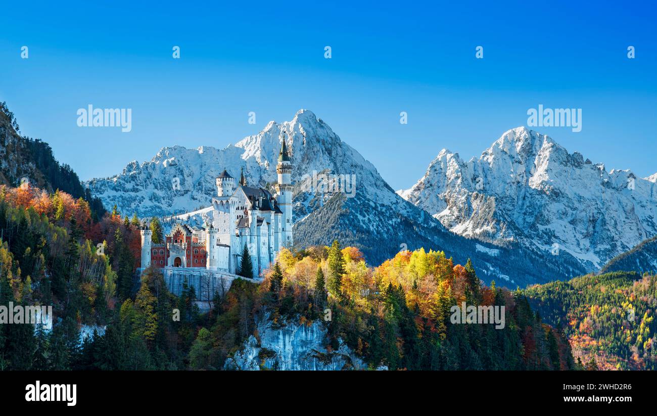 Neuschwanstein Castle in front of the snow-covered mountains of the ...