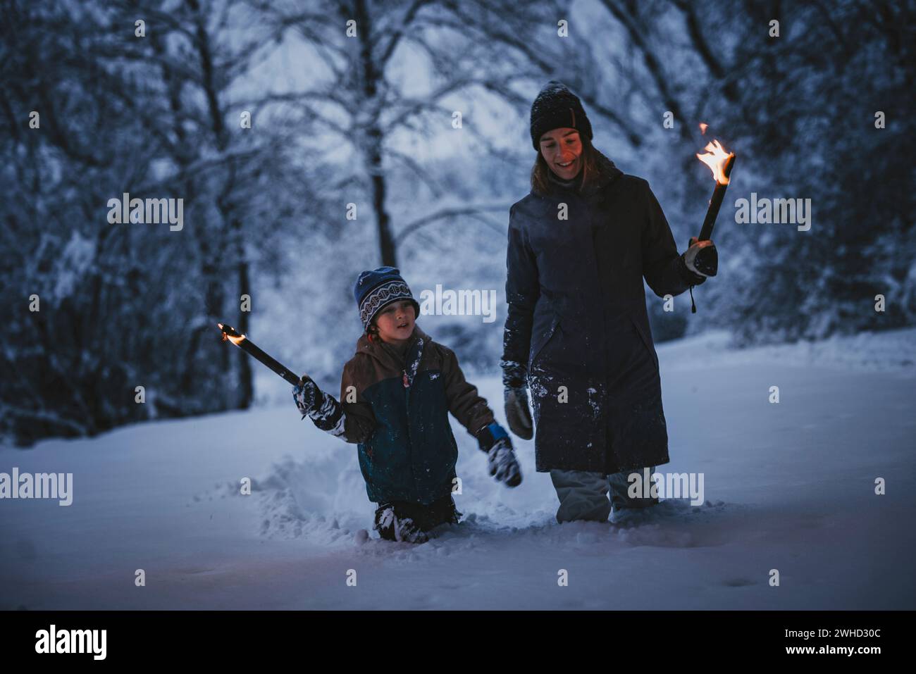 Family torchlight hike in the forest Stock Photo - Alamy