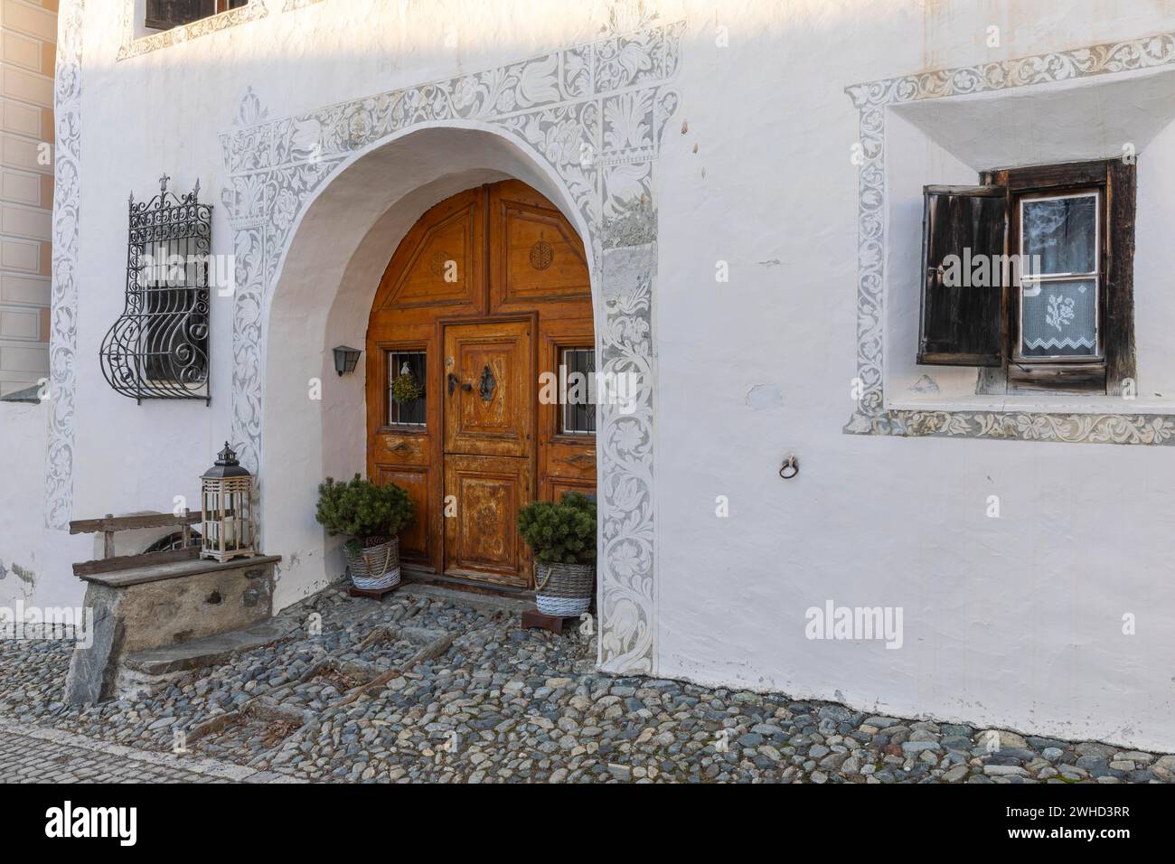 Entrance door, window, historic house, sgraffito, facade decorations ...