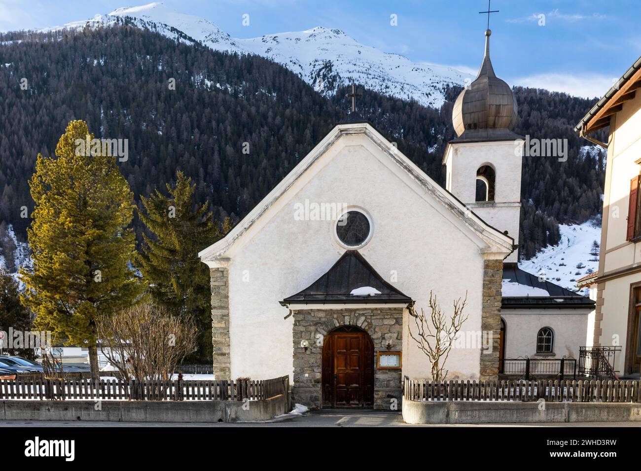 Church, mountain peak, snow, winter, Guarda, Engadin, Grisons ...