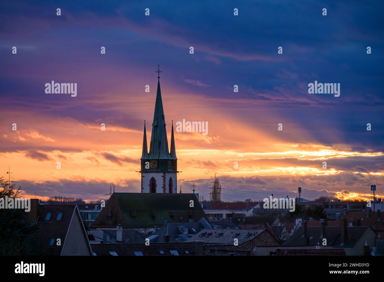 Germany, Baden-Württemberg, Karlsruhe, Durlach city skyline at sunset ...