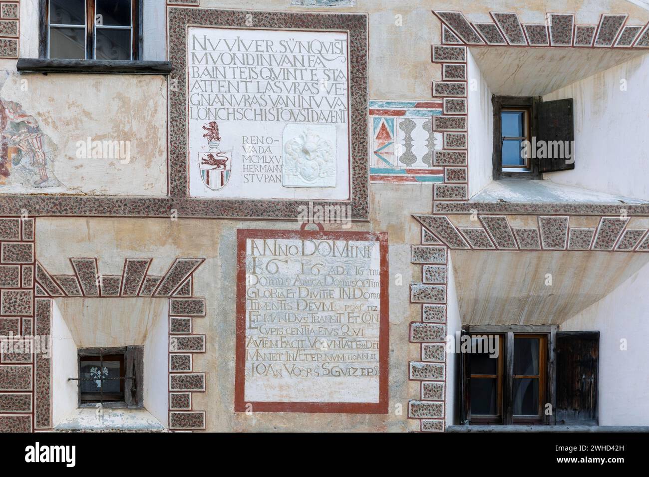 Window, historic house, sgraffito, facade decorations, Ardez, Engadin ...