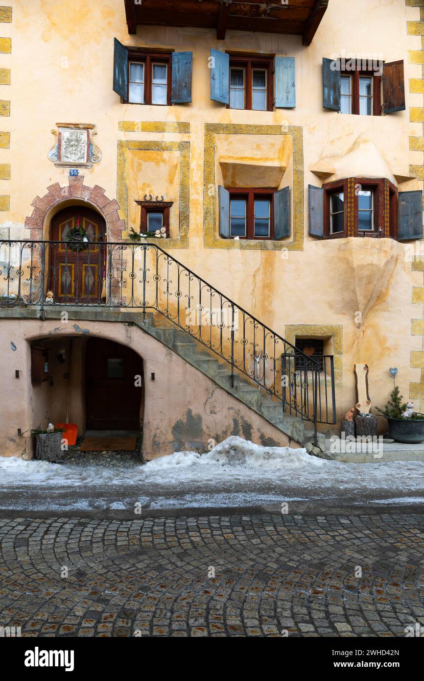 Staircase, window, historic house, sgraffito, facade decorations, Ardez ...