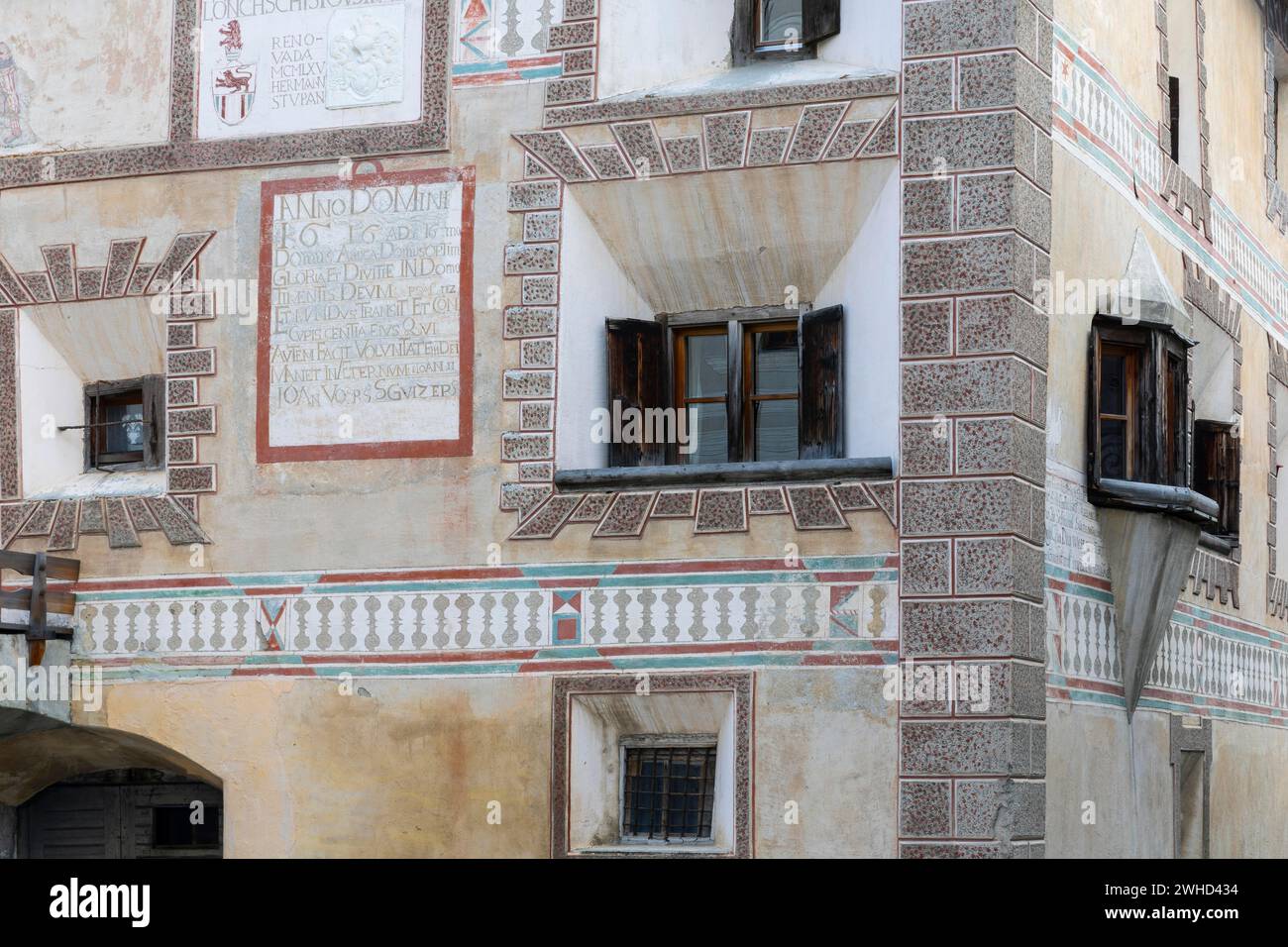 Oriel, window, historic house, sgraffito, facade decorations, Ardez ...