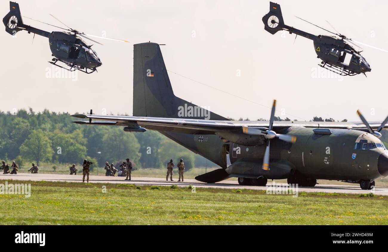German military Airbus H145M helicopters and special forces performing a military demonstration ...