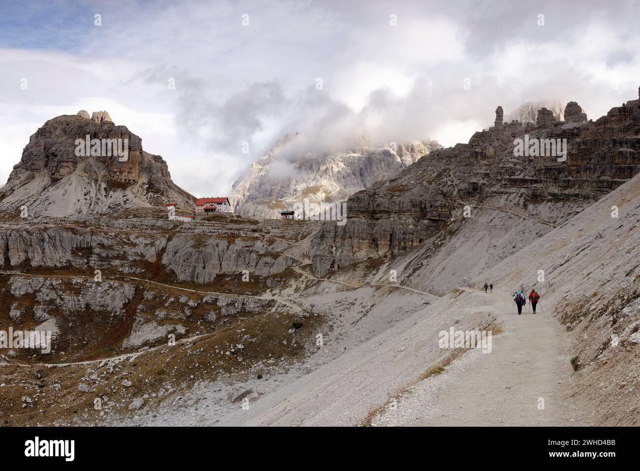 View from the Three Peaks circular hiking trail to the Three Peaks hut ...