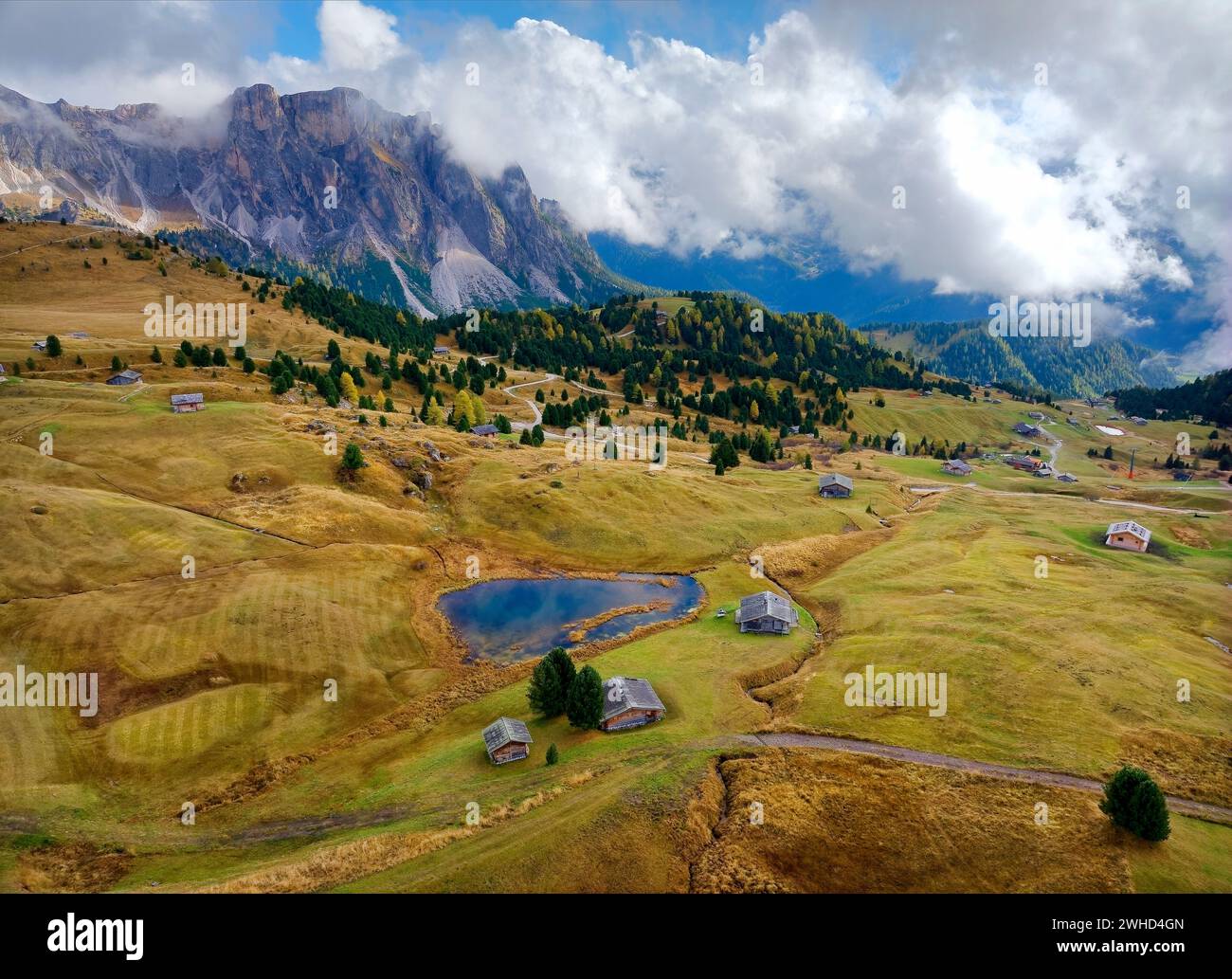 View from the Seceda Alm on the hiking trail to the Col Raiser mountain ...
