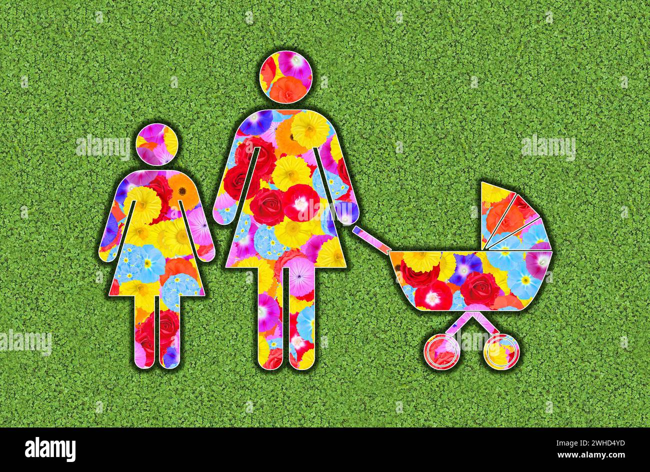 Pictogram of a mother with two children, daughter, and baby in a pram ...