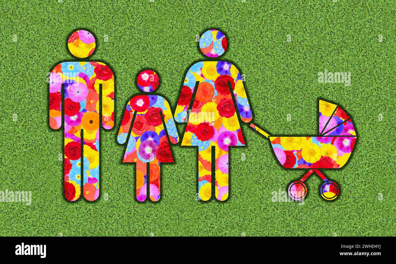 Pictogram of family, man and woman, with a child, daughter, and pram ...