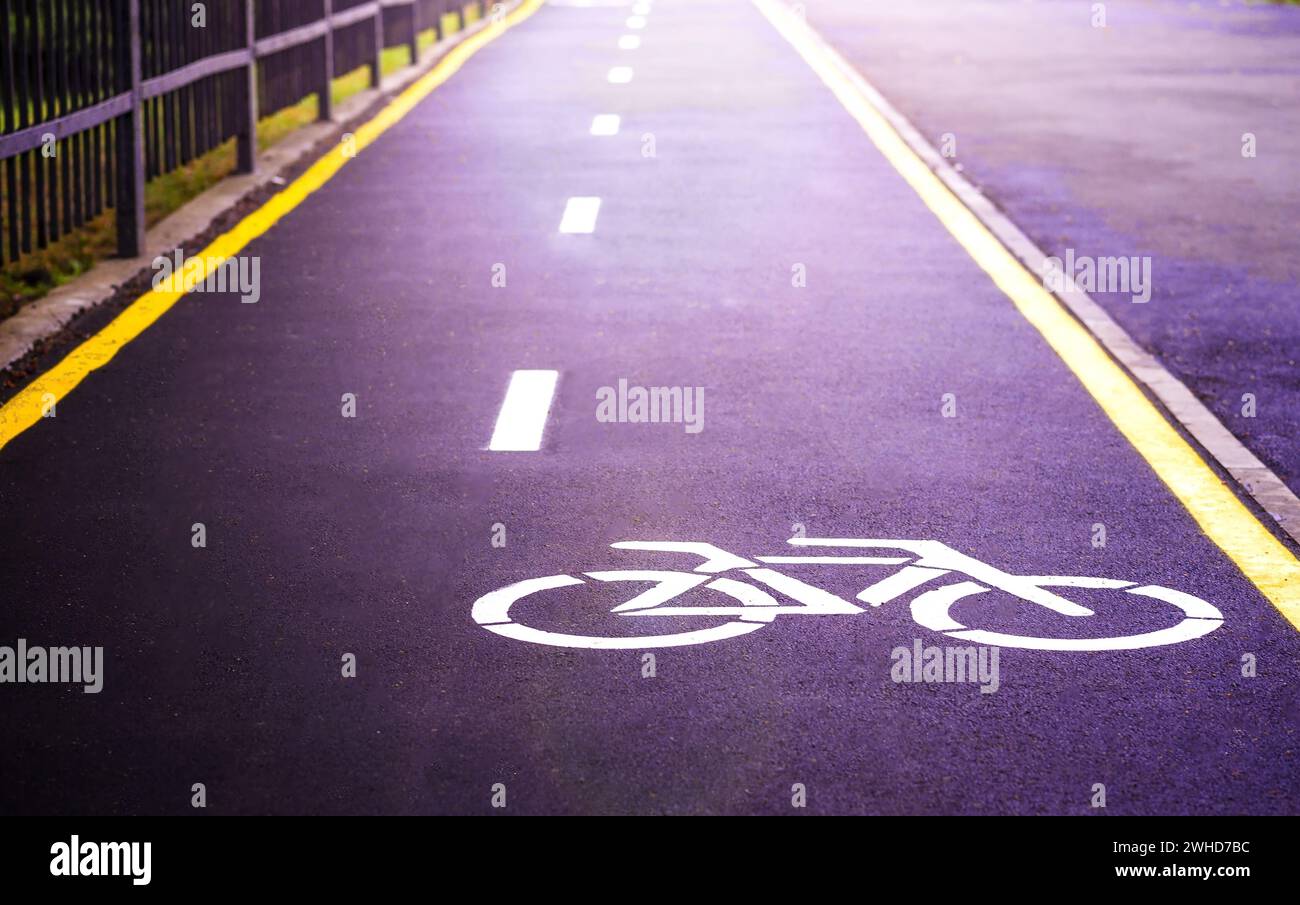 Bike Lane. Sign of the bicycle. Yellow and white marking on a bicycle ...