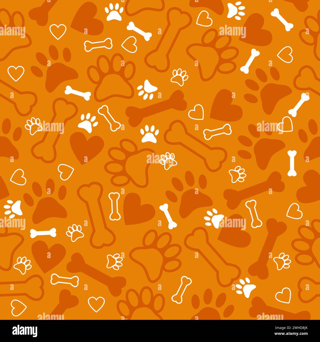 Seamless pattern with dog paw print, bone and hearts. Orange background ...