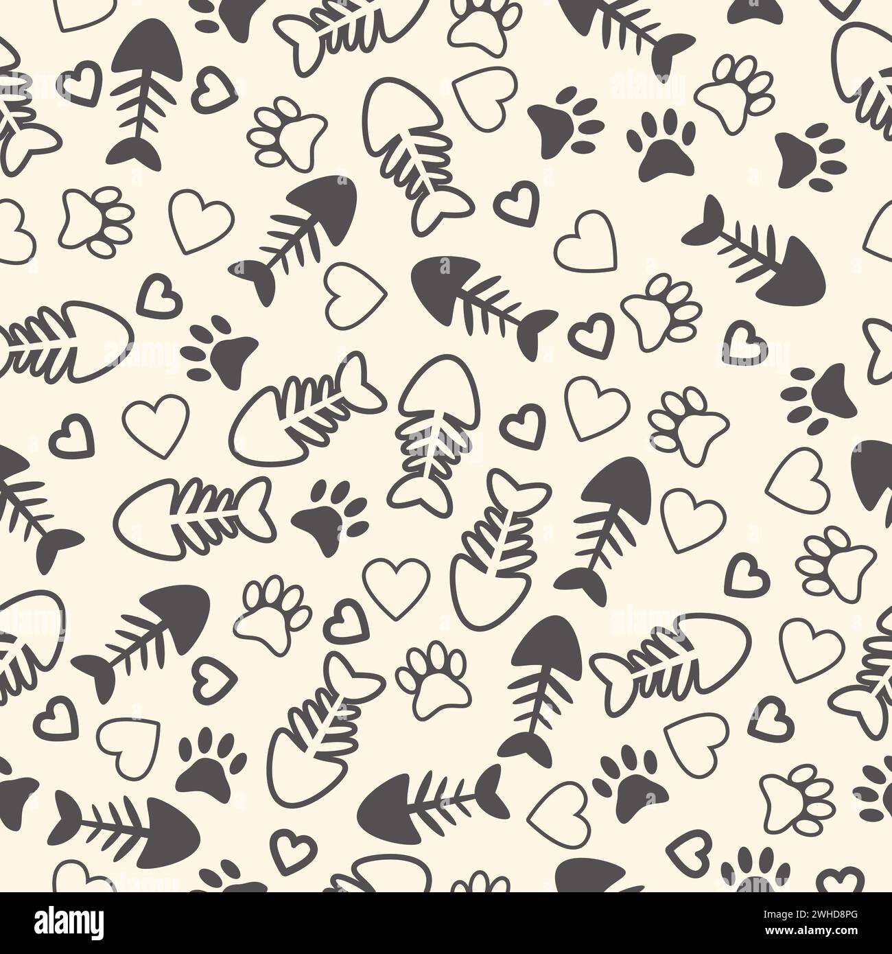 Seamless pattern with cat paw prints, fish bone, and hearts. Endless ...