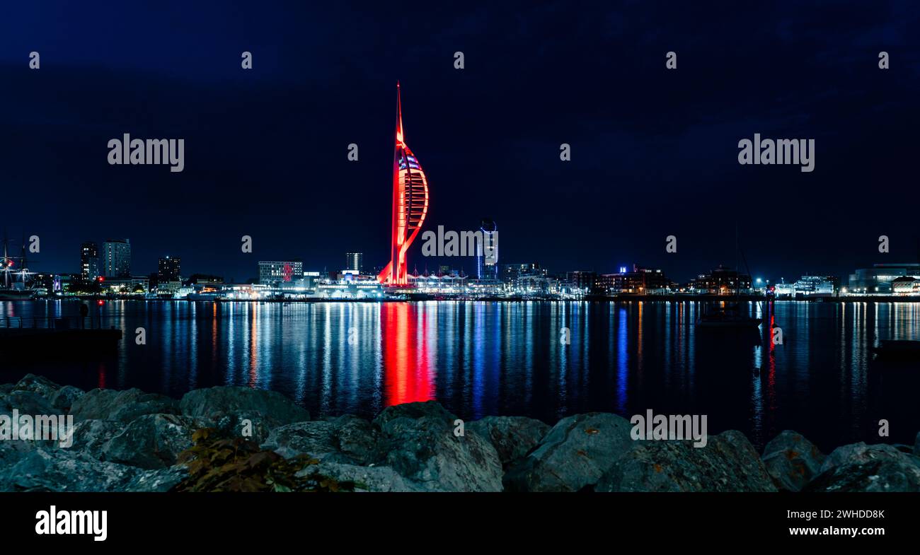 Skyline of the city of Portsmouth in Great Britain at night, the ...