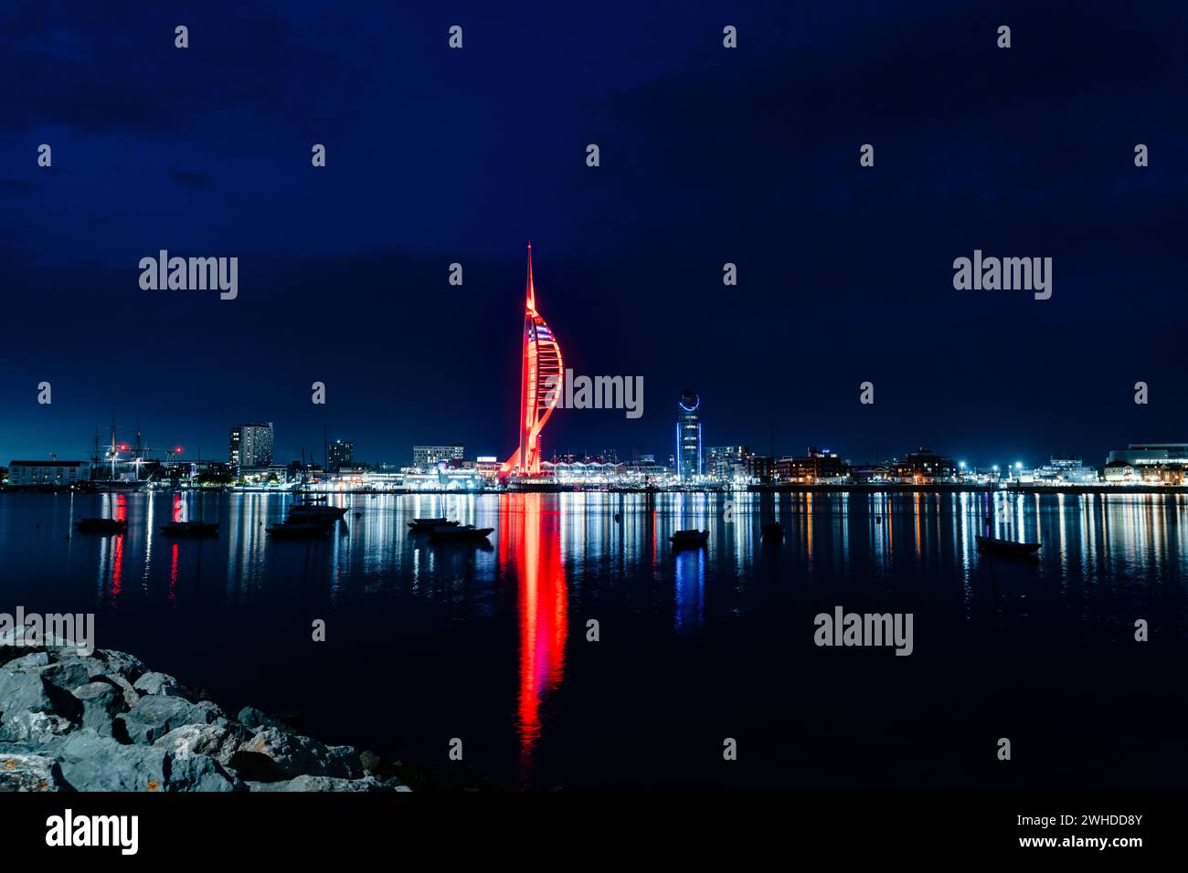 Skyline of the city of Portsmouth in Great Britain at night, the ...