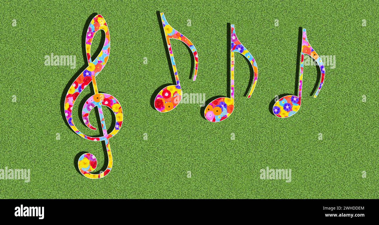 Graphic with clef and notes as a symbol for music with colorful flowers ...