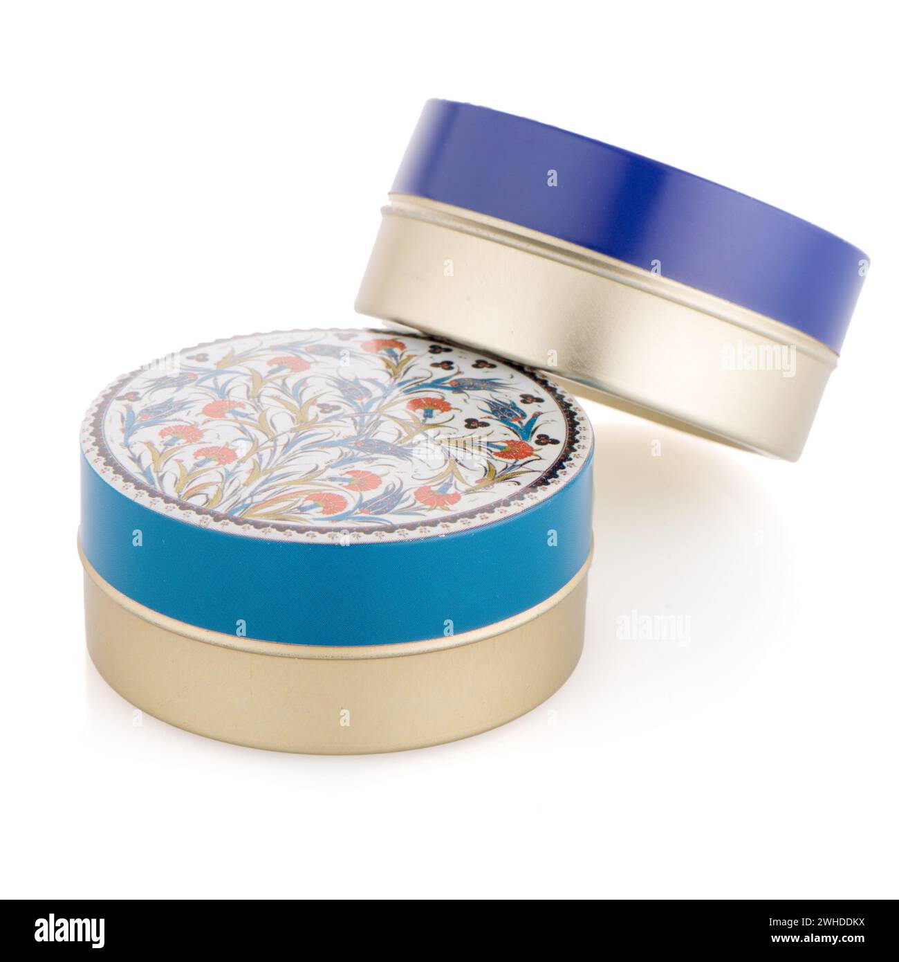 Beautiful vintage tin boxes on the white background Stock Photo - Alamy