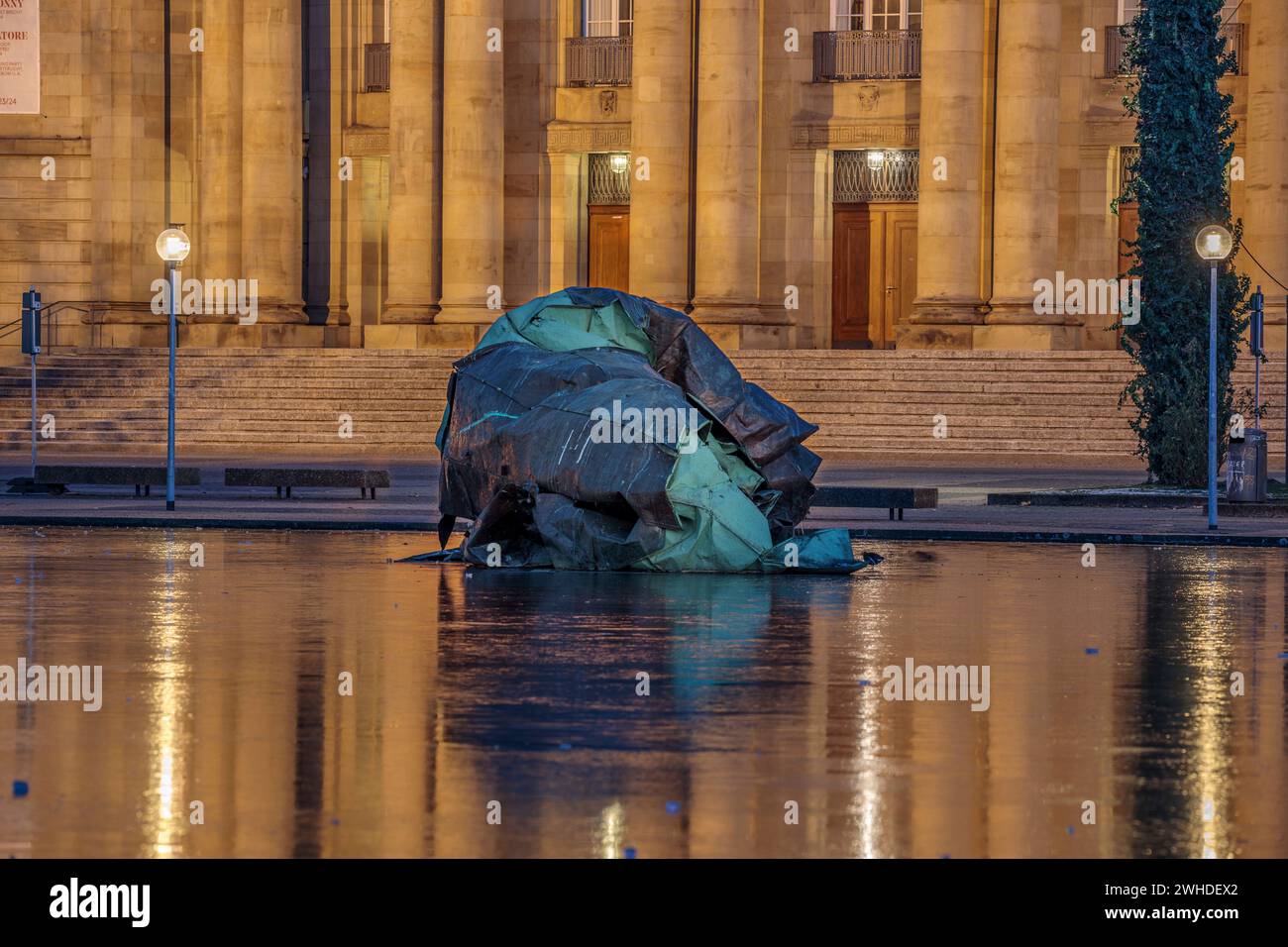 Germany, Baden-Württemberg, Stuttgart, Night shot of the destroyed roof ...