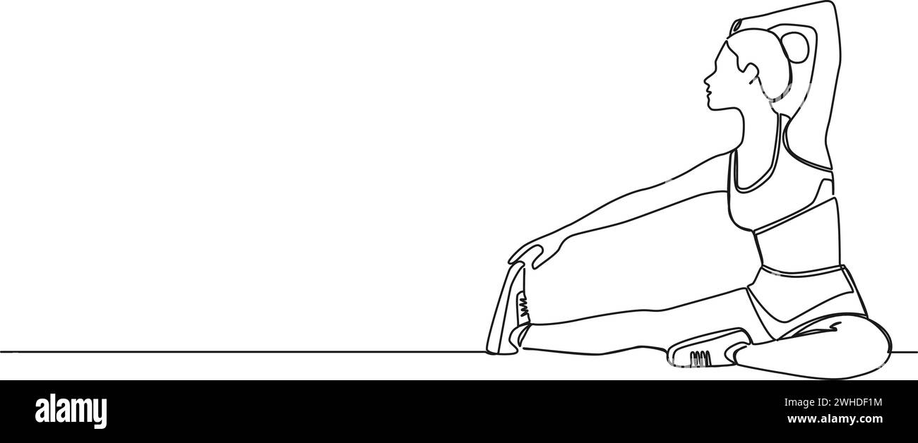 continuous single line drawing of fit woman stretching on floor, line ...