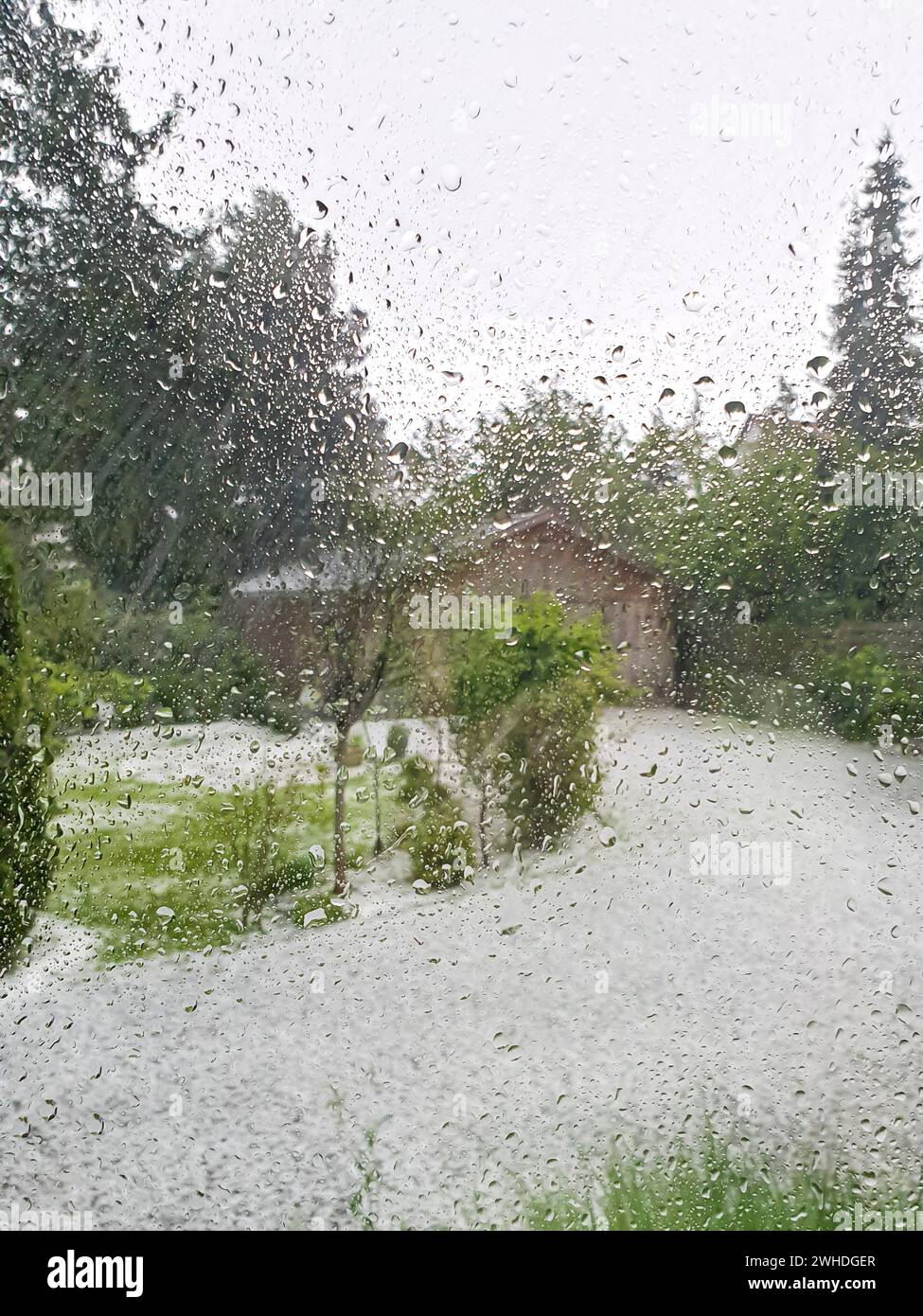 View through the window of the weather phenomenon of snow in May in ...