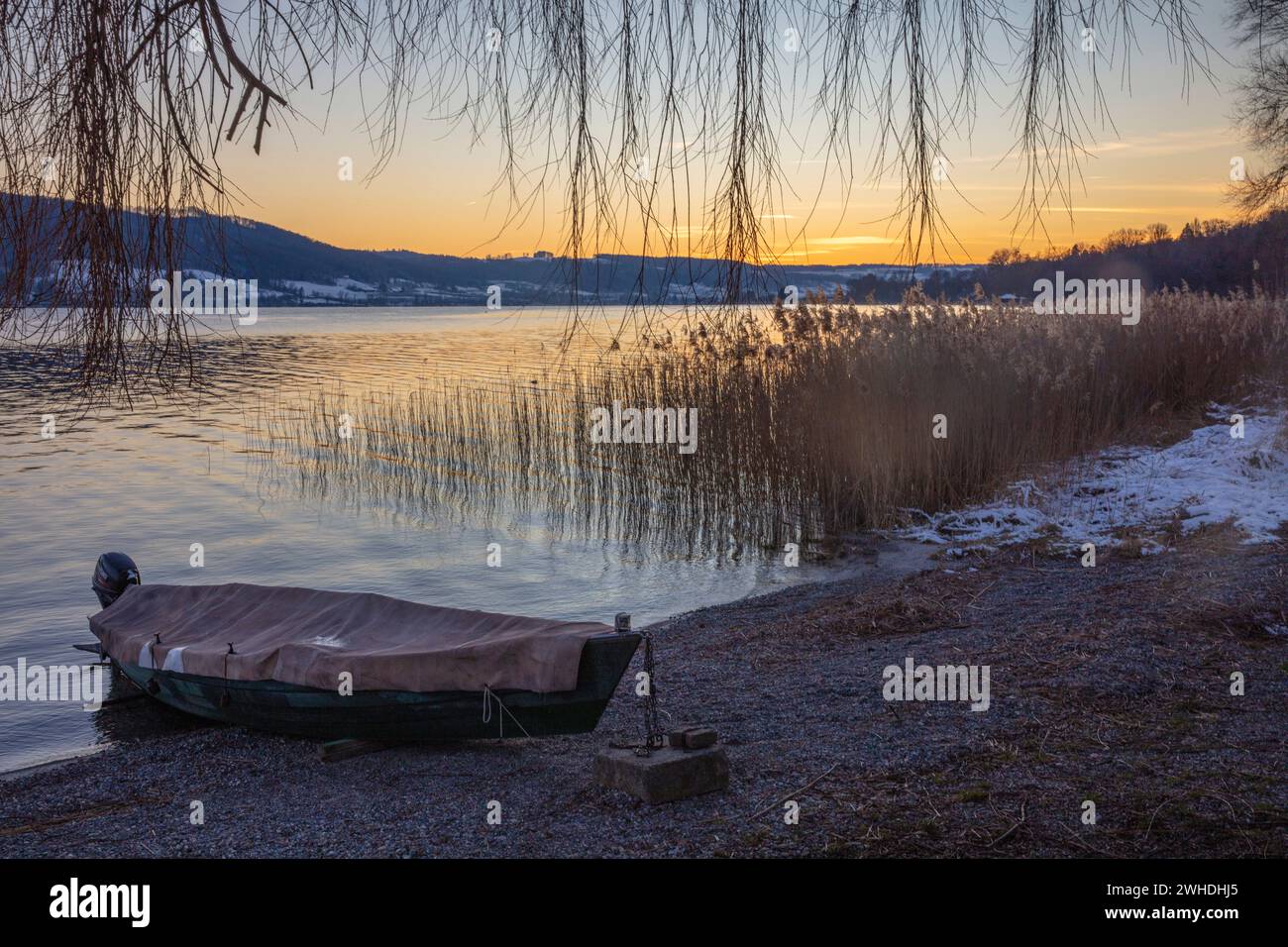Lake Constance, winter, sunset, rowing boat Stock Photo - Alamy
