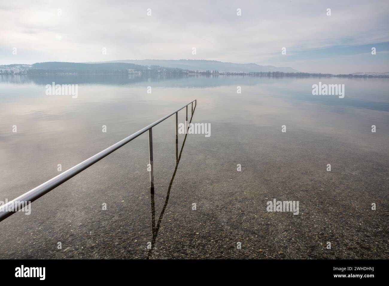 Lake Constance, Winter, Calm water, Railing Stock Photo - Alamy