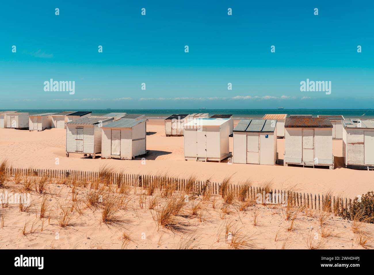 Small white beach huts on bleriot plage beach near calais hi-res stock ...