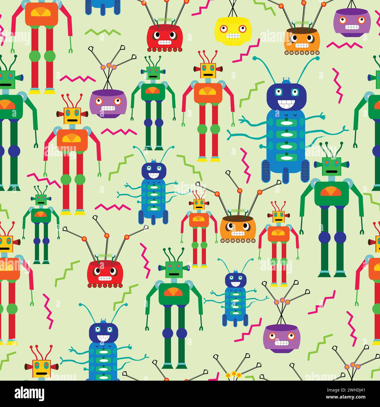 robots colorful design for children prints seamless pattern, cute robot design vector ...
