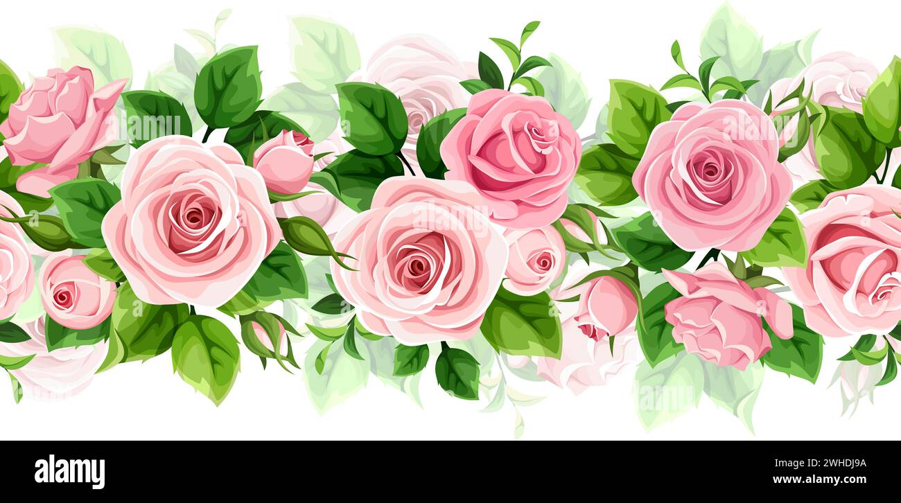 Floral seamless garland with pink rose flowers and green leaves. Vector ...