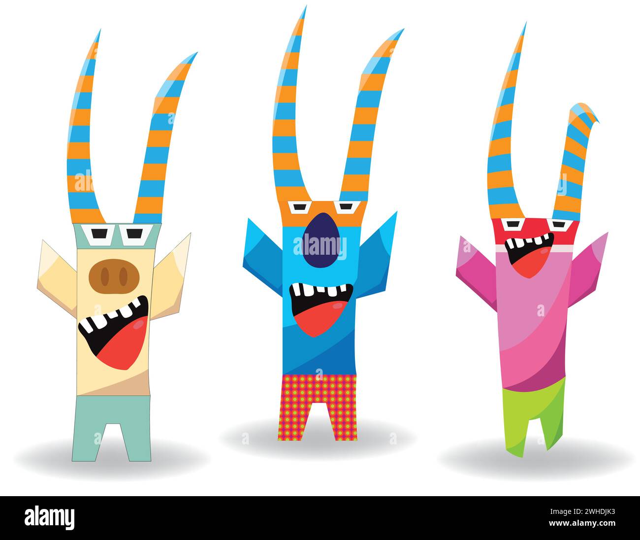 Set of three abstract comical monsters with colorful horns short legs ...