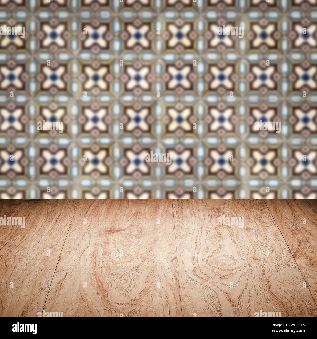 Wood table top and blur vintage ceramic tile pattern wall Stock Photo ...