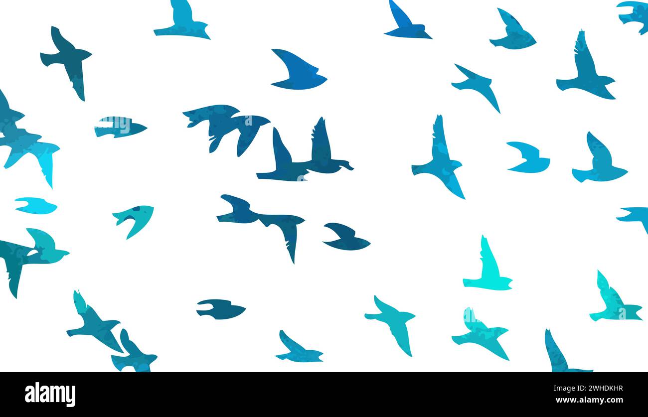 A flock of blue watercolor flying birds. Free birds abstraction. hand ...